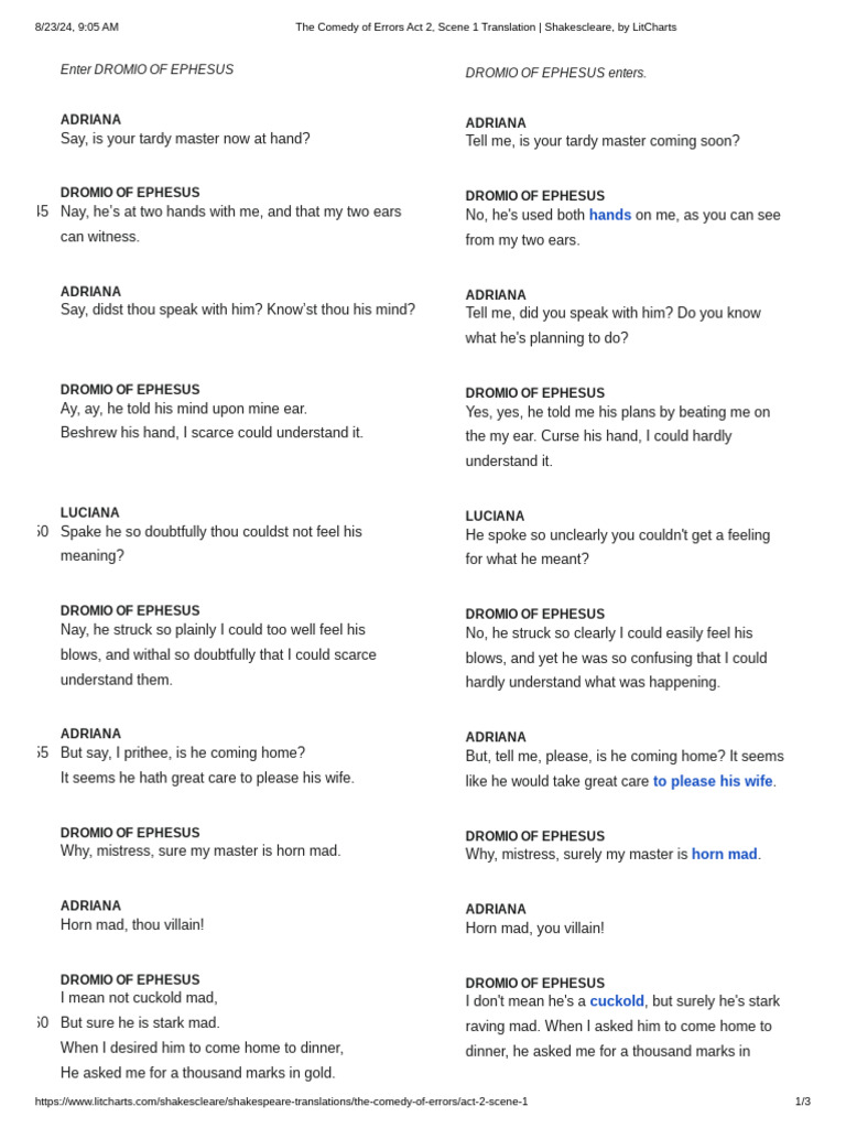 The Comedy of Errors Act 2, Scene 1 Translation - Shakescleare, by ...