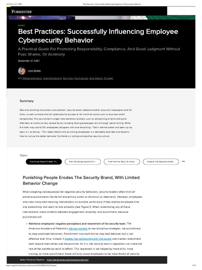 Forrester_Best.Practices_Influencing.Employee.Cybersecurity.Behavior | PDF