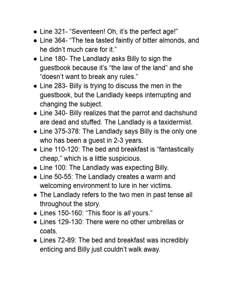 Text Evidence - Foreshadowing in "The Landlady" by Roald Dahl | PDF