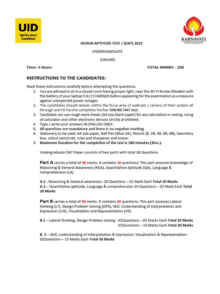 UID DAT Question Paper 2022 UG | PDF