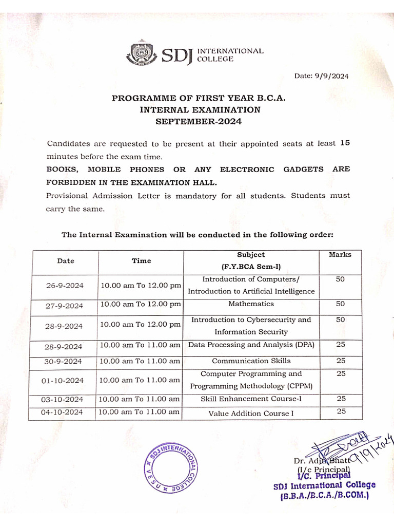 FYBCA Sem-2 Theory Internal Exam Schedule | PDF