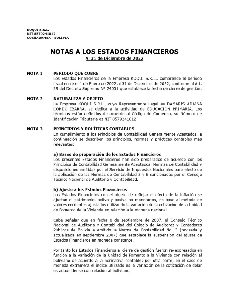 Notas A Los Estados Financieros | PDF