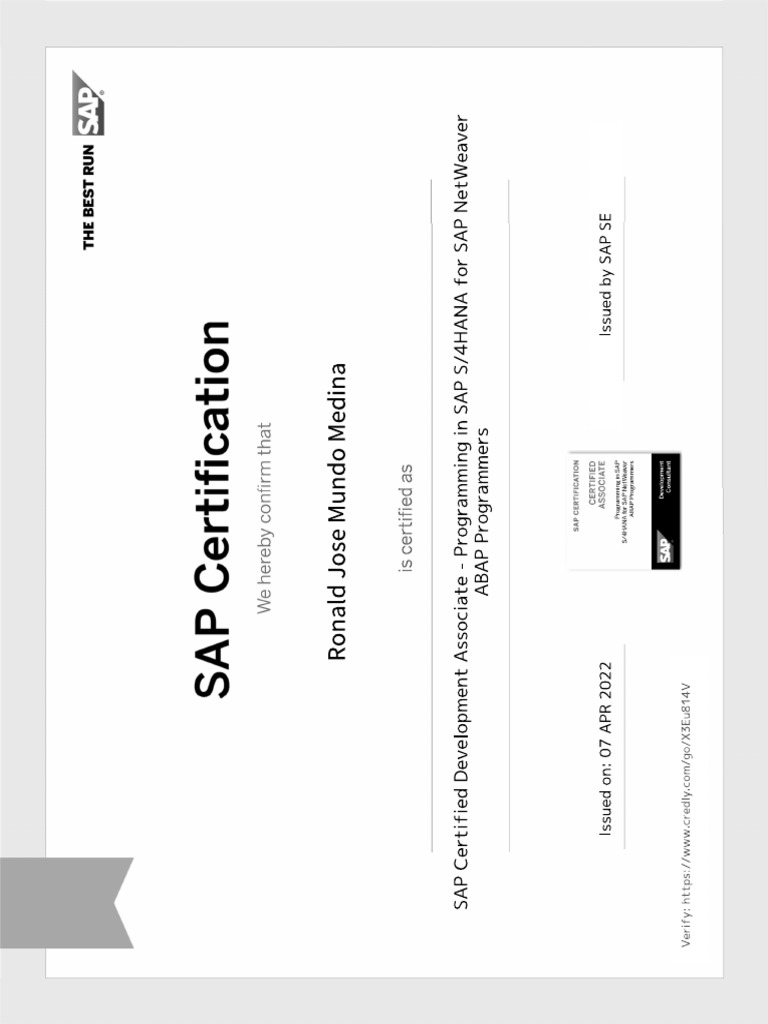 Certificado - C - S4HDEV1909 - SAP Certified Development Associate Programming in SAP S4HANA ...
