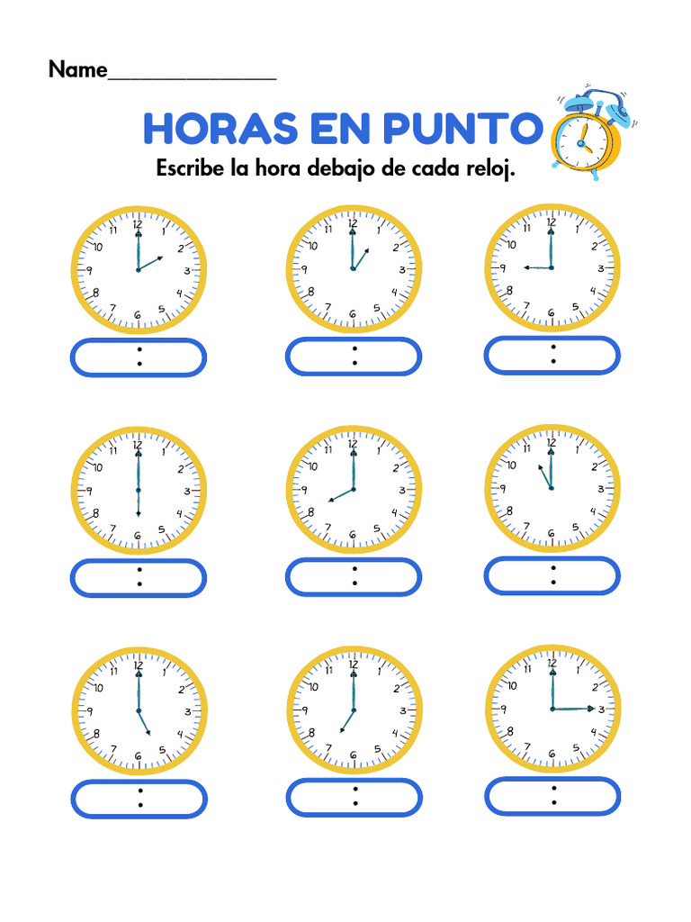Telling Time Clocks Math Worksheet in Blue and Yellow Simple Style | PDF