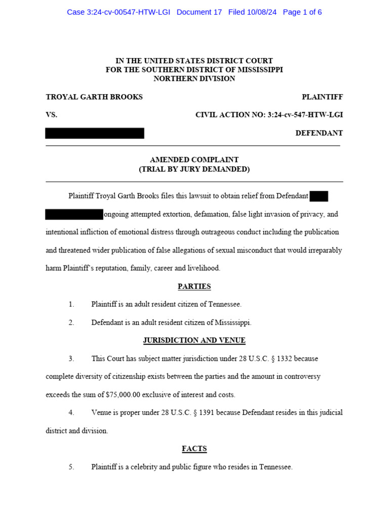 Garth Brooks Complaint - Redacted | PDF | Damages | Social Science