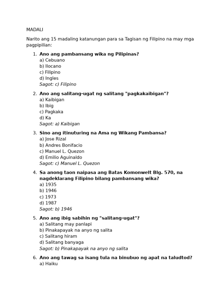 Tagisan NG Talino Questionnaire | PDF