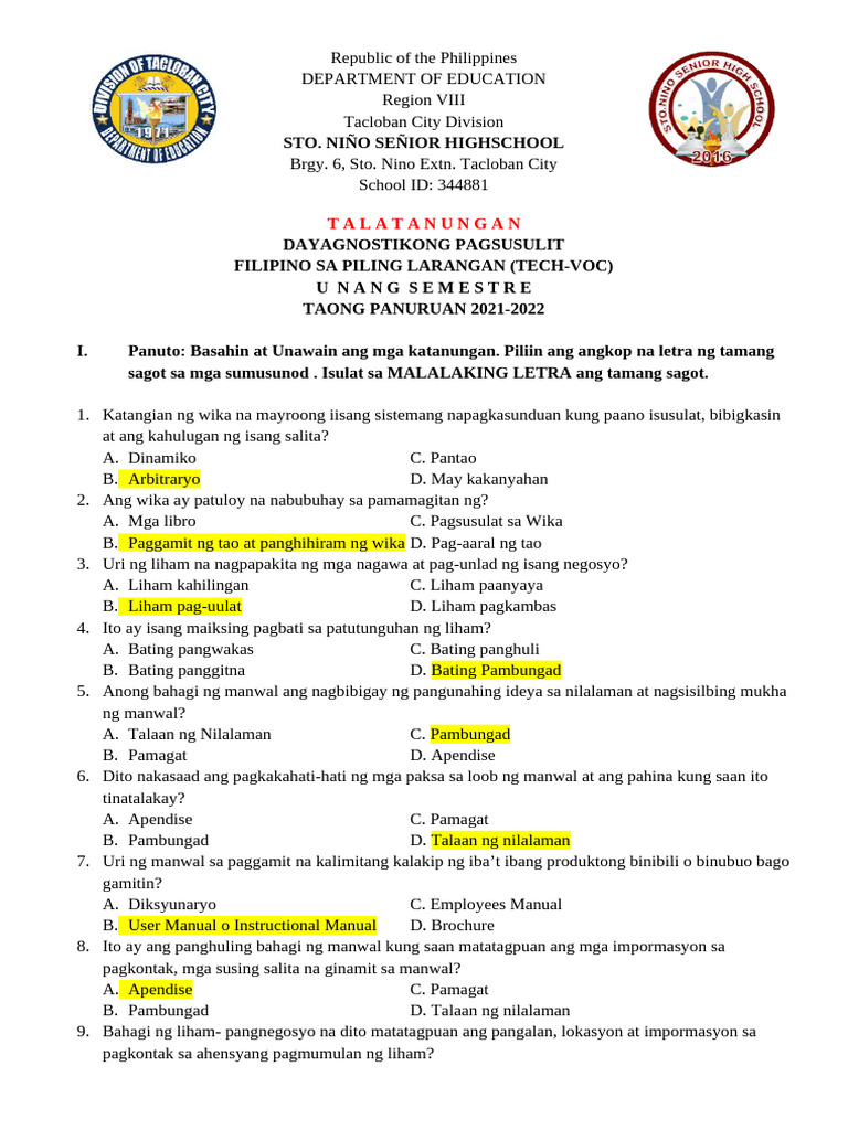 Test Questionnaire (Filipino Sa Piling Tech-Voc) | PDF