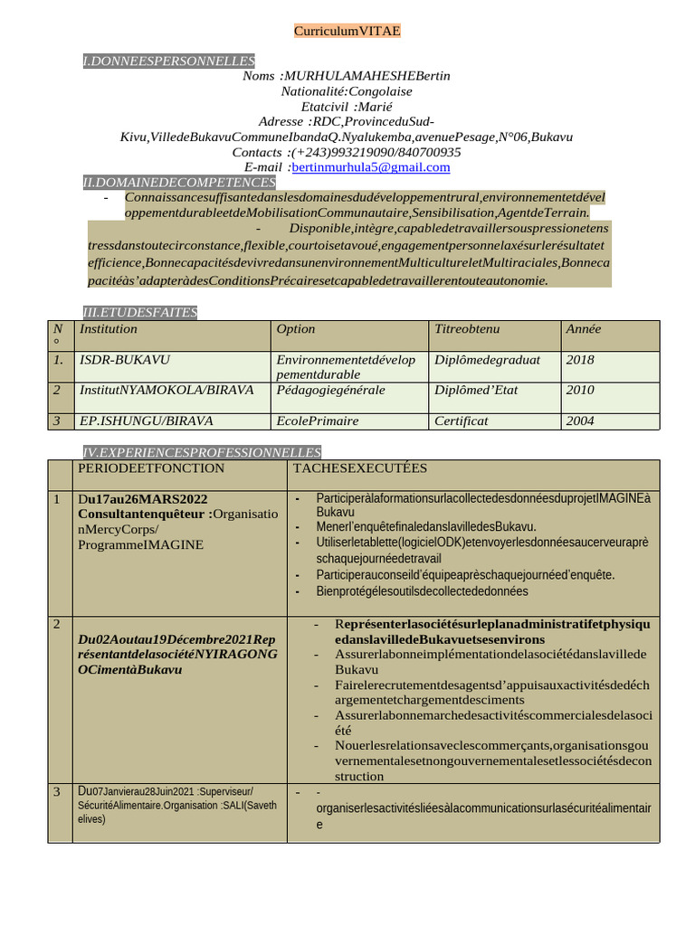 CV BERTIN MAHESHE | PDF