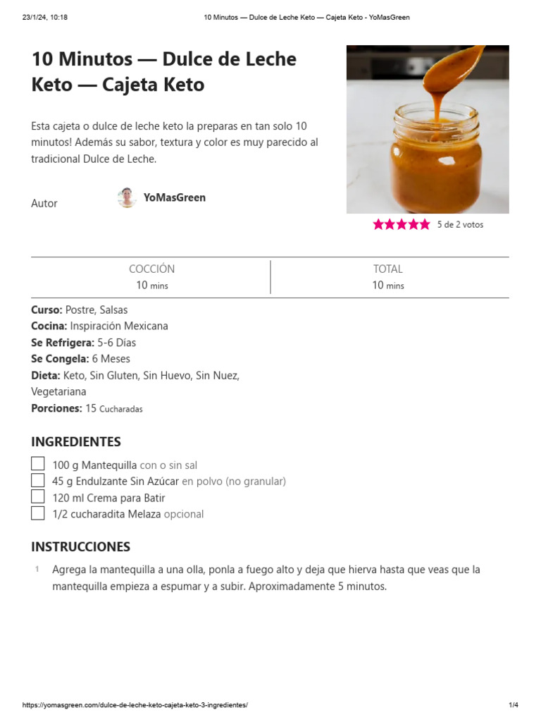 10 Minutos - Dulce de Leche Keto - Cajeta Keto - YoMasGreen | PDF
