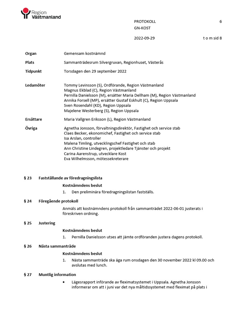 Protokoll - Gemensam Kostnämnd 220929 | PDF