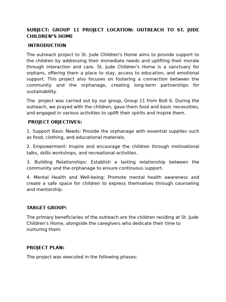Outreach Project (ST Jude Orphanage) . | PDF