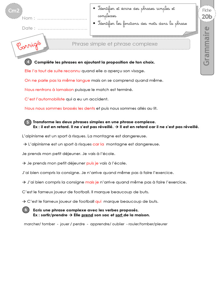 cm2 Exercices Phrase Complexe 2 Corrige | PDF