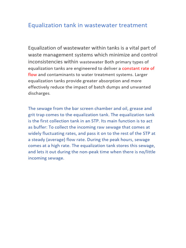 Equalization Tank in Wastewater Treatmenti | PDF