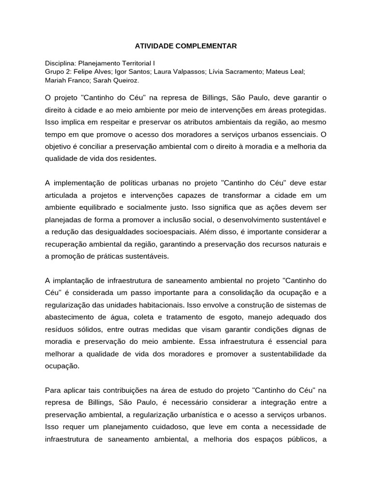 Atividade Complementar Grupo 2 - Planejamento Territorial | PDF | Sustentabilidade | Saneamento