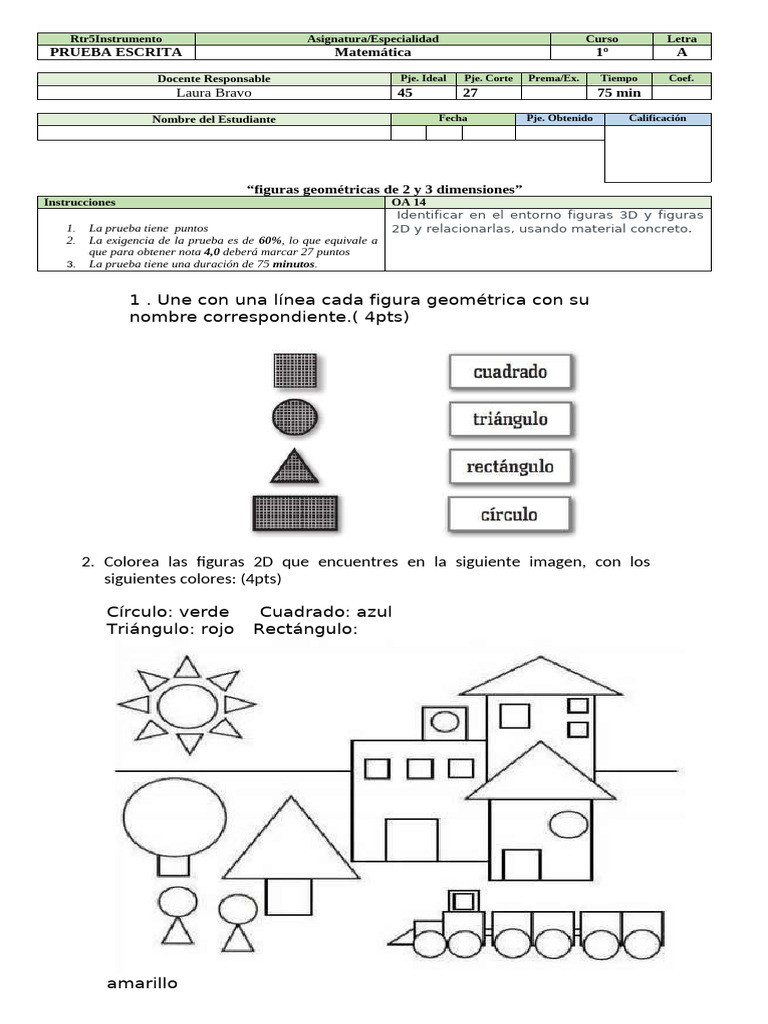 Control Parcial 1º Basico Figuras Geometricas 2 y 3 D | PDF