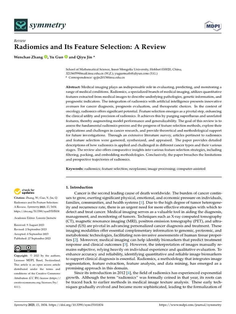2023 - Radiomics and Its Feature Selection A Review | PDF