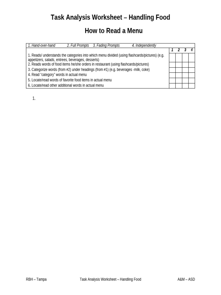 Task Analysis Worksheet - Handling Food | PDF