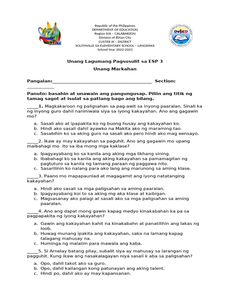 Unang Lagumang Pagsusulit Sa ESP 3 | PDF