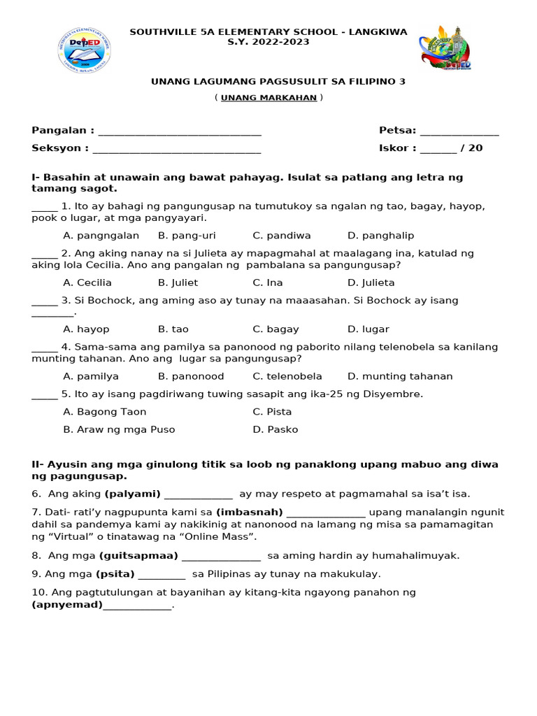 Unang Lagumang Pagsusulit Sa Fil.3 1st Qtr. | PDF