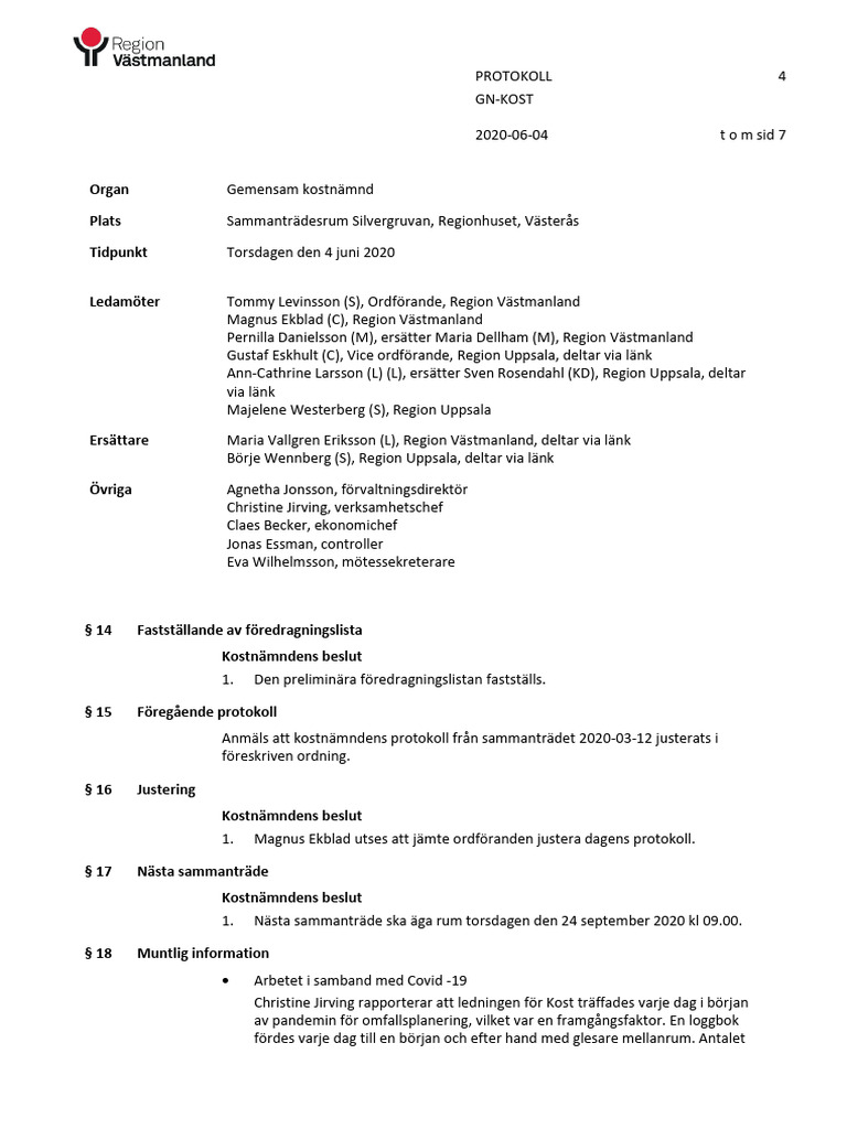 Protokoll - Gemensam Kostnämnd 2020-06-04 | PDF