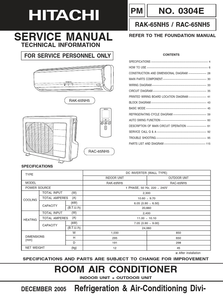 Hitachi Room Air Conditioner Service Manual, Models RAK-65NH5, RAC ...