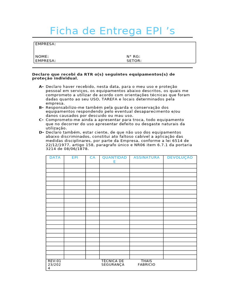 Ficha de Entrega EPI | PDF