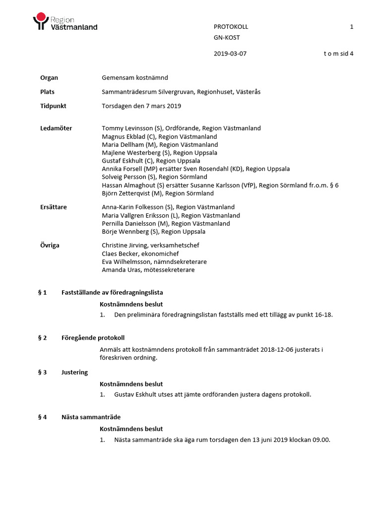 Protokoll Gemensam Kostnämnd 190307 | PDF