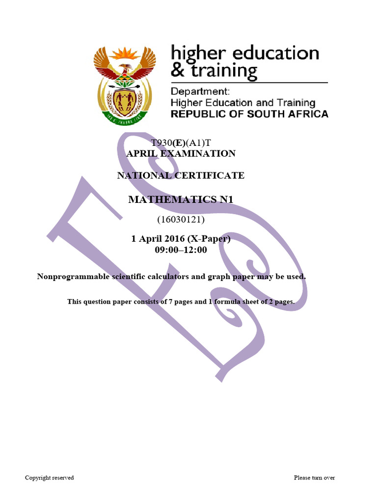 N1 Mathematics April 2016 | PDF