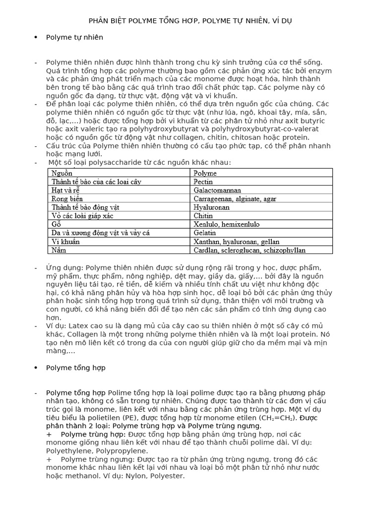 PHÂN BIỆT POLYME TỔNG HƠP, POLYME TỰ NHIÊN | PDF