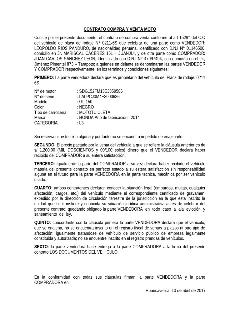 CONTRATO COMPRA Y VENTA MOTO | PDF