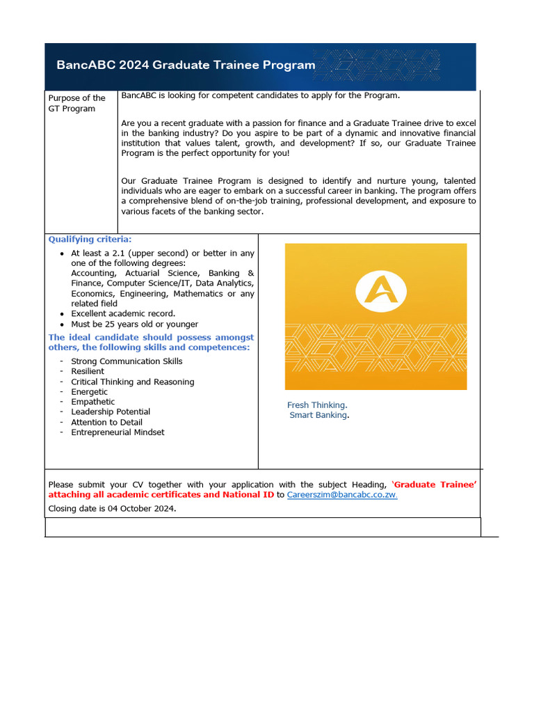 BancABC Graduate Trainee Advert-2024 | PDF
