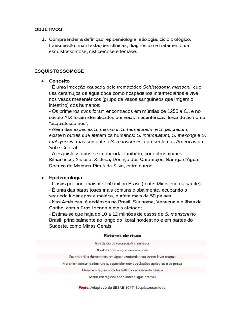 APG 6 - Esquistossomose, teníase e cisticercose | PDF