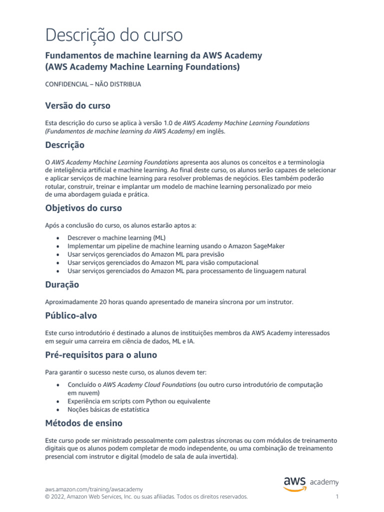 AWS Academy Machine Learning Foundations Course Outline (Portuguese) | PDF