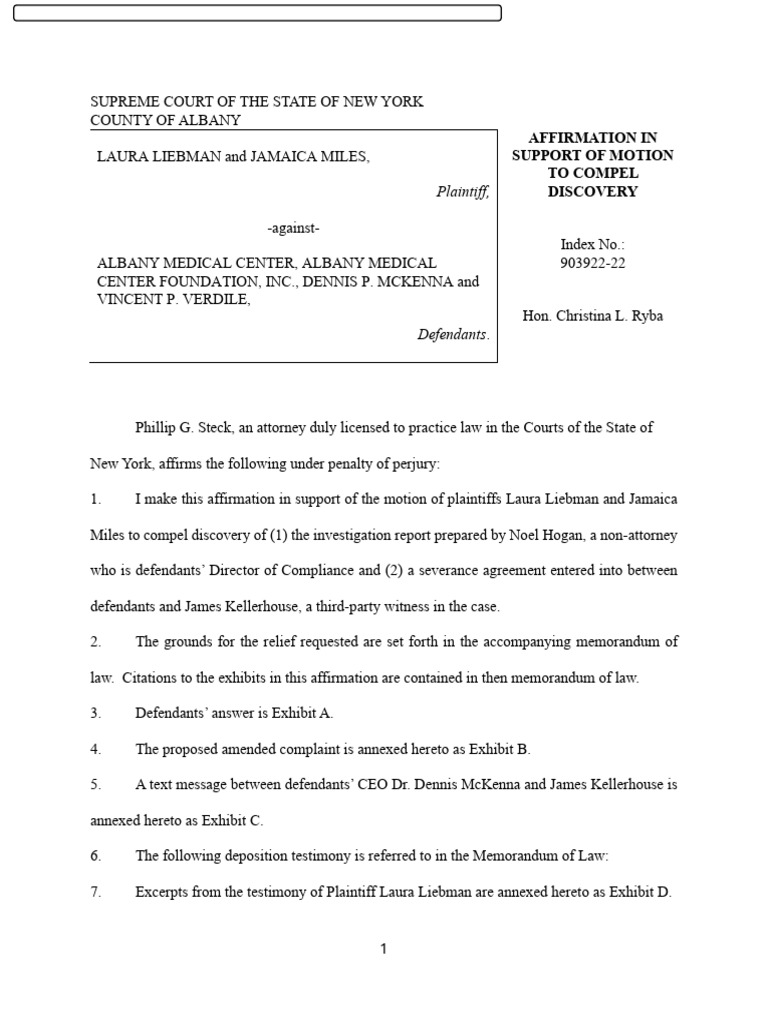 Affadavit #1 From Laura Liebman Et Al v. Albany Medical Center Et Al ...