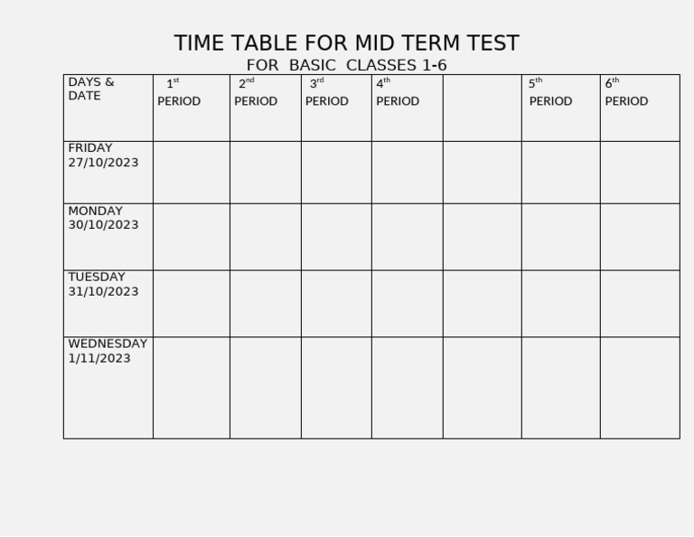 Time Table Format for Mid Term | PDF