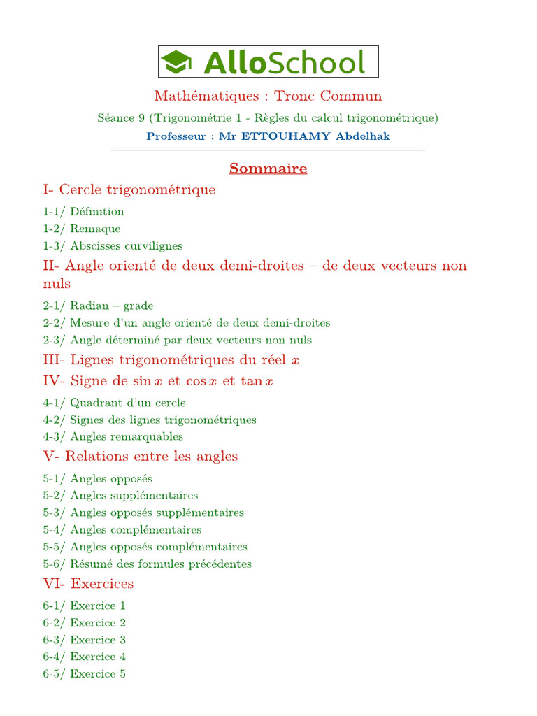Seance 9 Trigonometrie 1 Regles Du Calcul Trigonometrique 1 | PDF