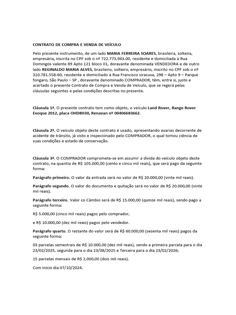 Contrato de Compra e Venda de Veiculo Reginaldo 2 | PDF