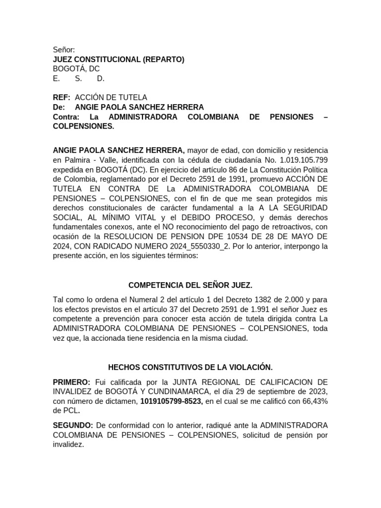 Tutela Colpensiones | PDF