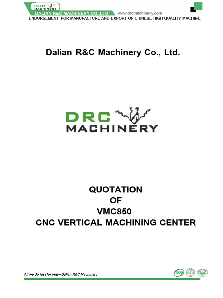 QUOTATION OF CNC MACHINING CENTER VMC850 From DRC MACHINERY-2022.8.19 | PDF