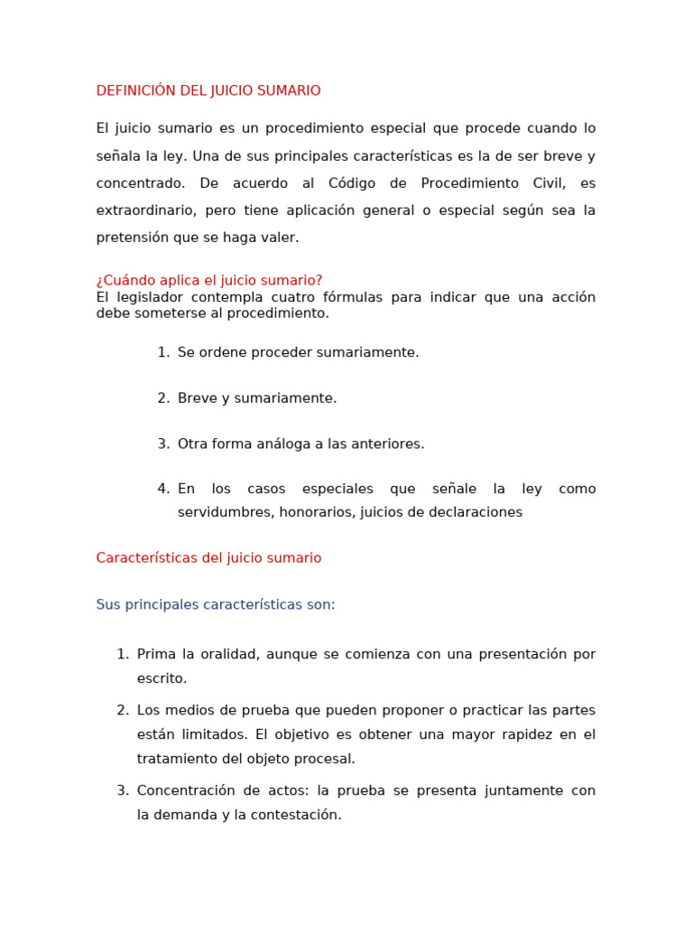 Juicio Sumario: Definición y Proceso | PDF | Posesión (Ley) | Ley procesal