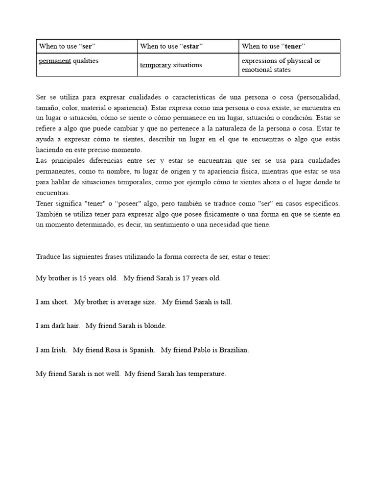 Spanish Verbs Ser Estar Tener | PDF