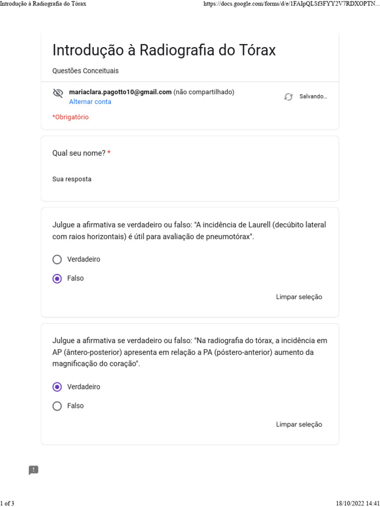 Exercício - Introdução À Radiografia Do Tórax 1 | PDF