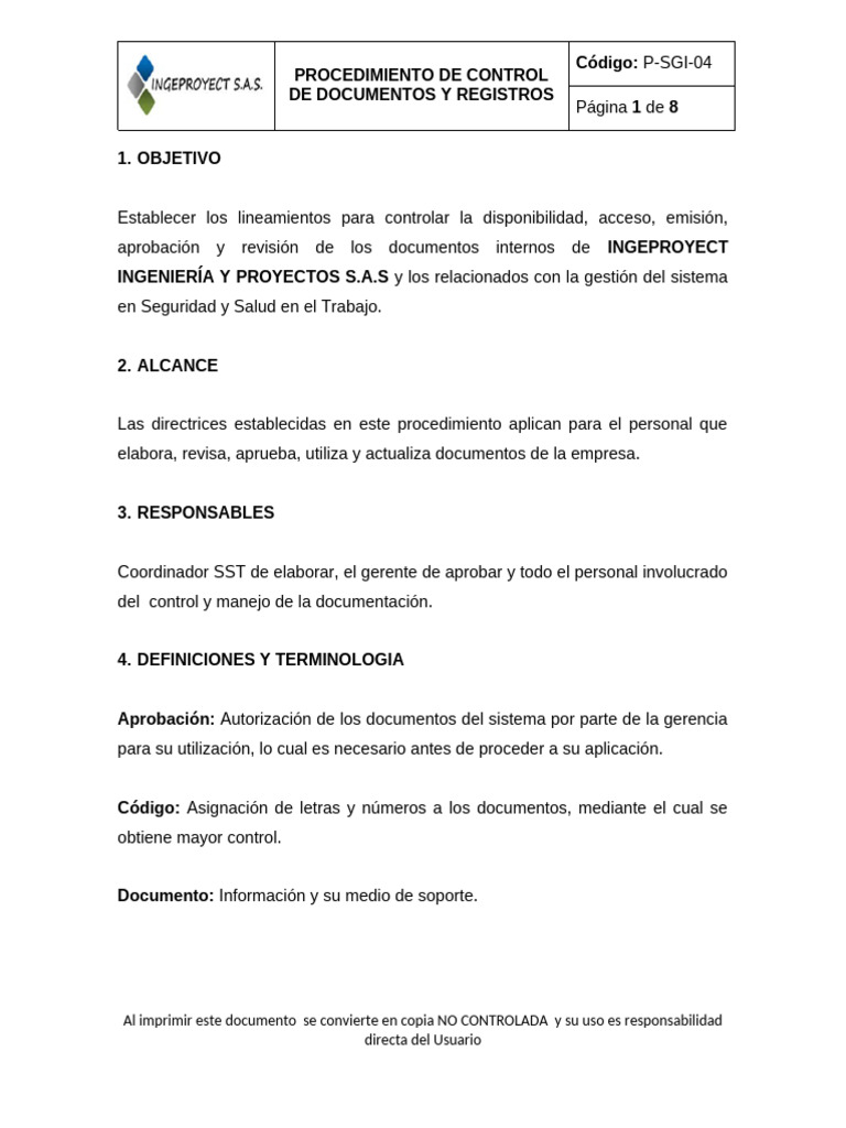 P-SGI-04 Procedimiento de Control de documentos y Registros | PDF