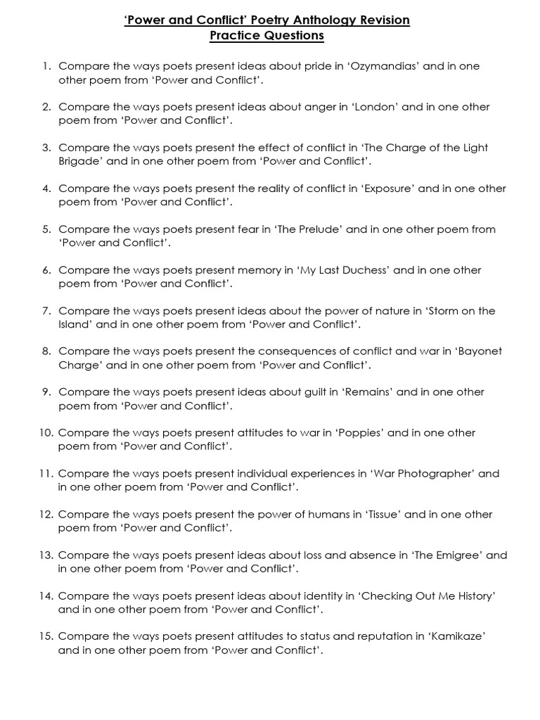 Power and Conflict Poetry Anthology - Practice Questions | PDF