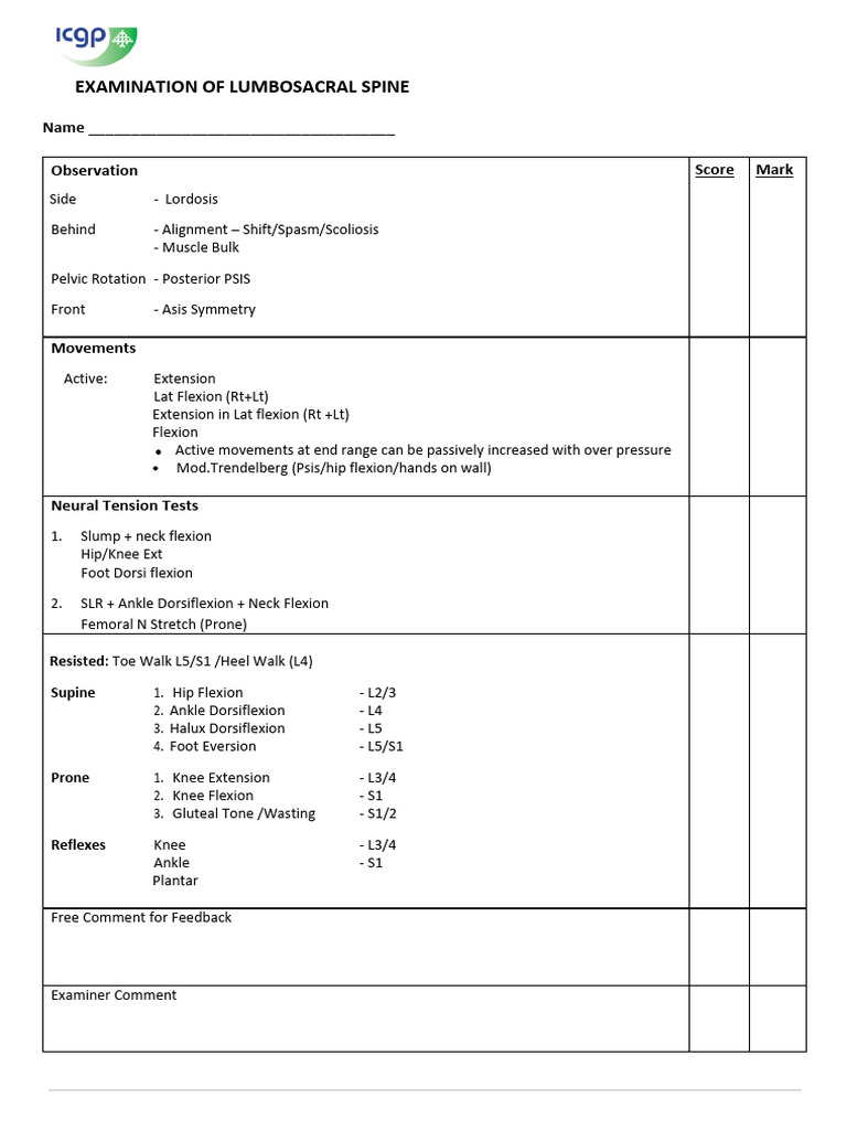 Exam Grid - Lumbar Spine | PDF