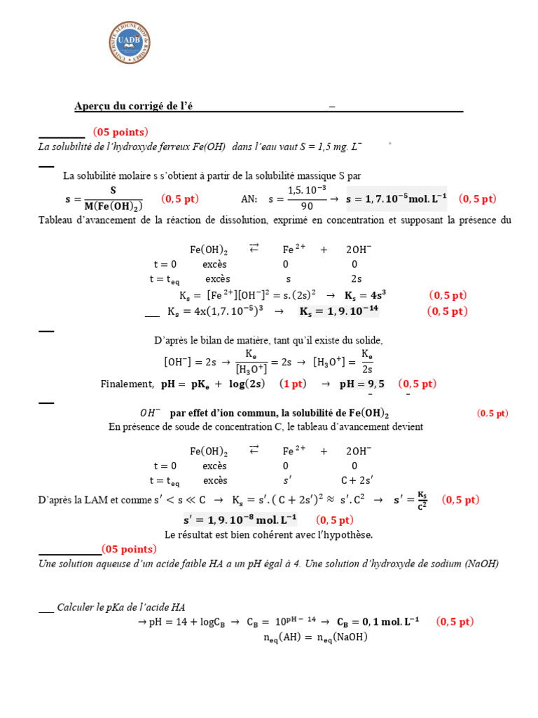 Corrigé Epreuve Chimie Physique S2 - S1 - 2022 (1) . | PDF