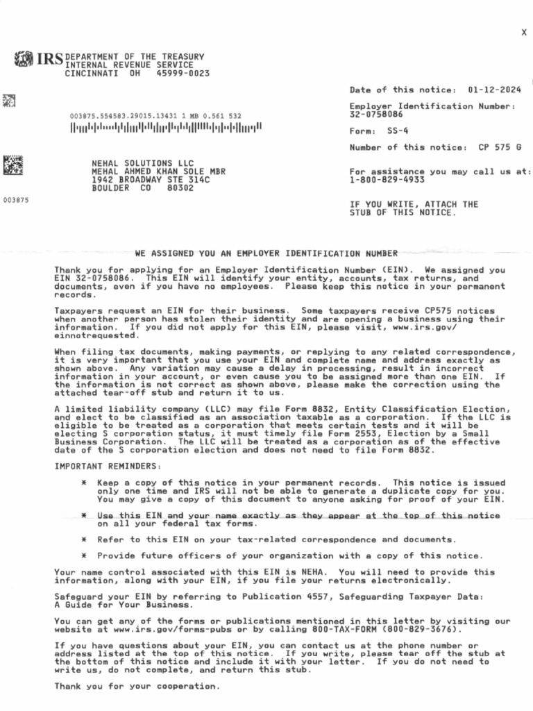 Nehal Solutions LLC EIN Letter | PDF