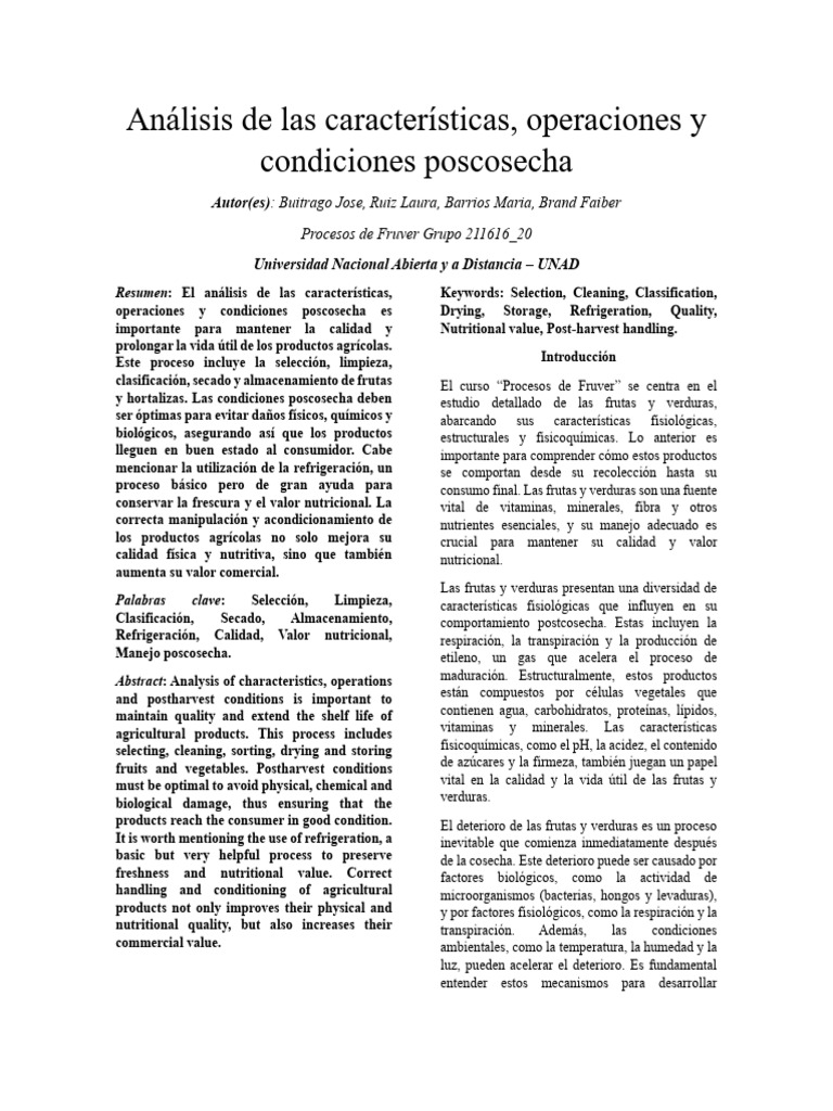 Grupo 211616 - 20 Fase 2 - Análisis de Las Características, Operaciones y Condiciones Poscosecha ...