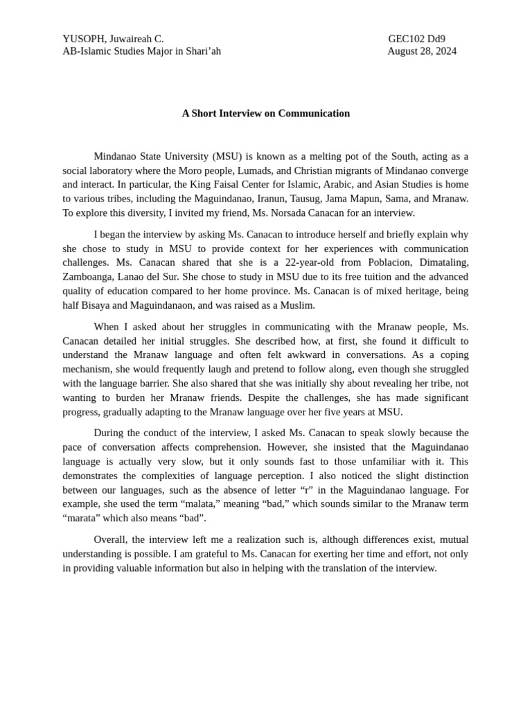 A Short Interview On Communication | PDF