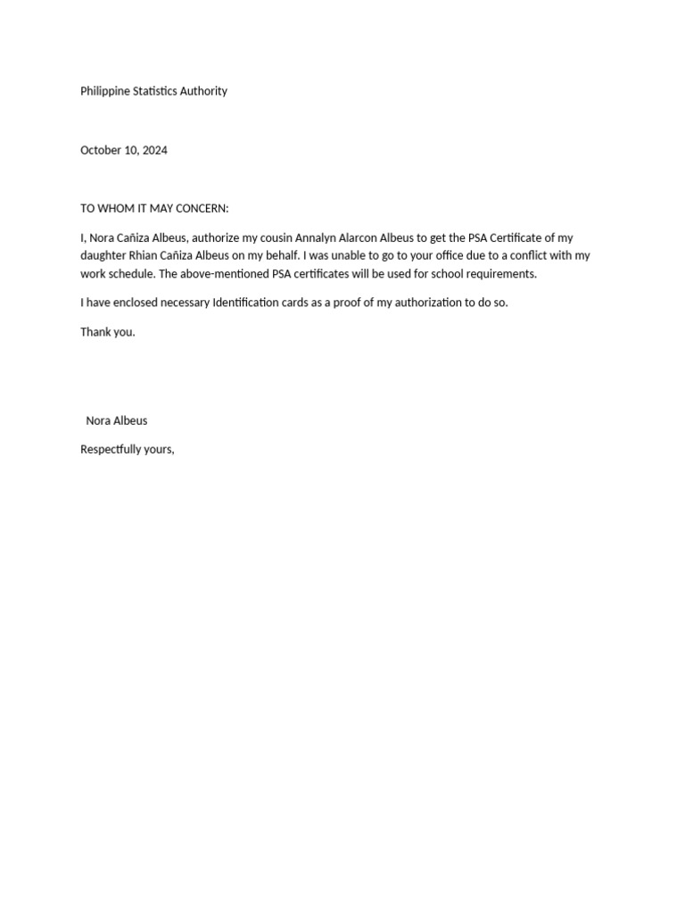 Authorization Letter - PSA | PDF